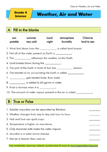 Printable Weather, air, and water worksheets for class 4 PDF